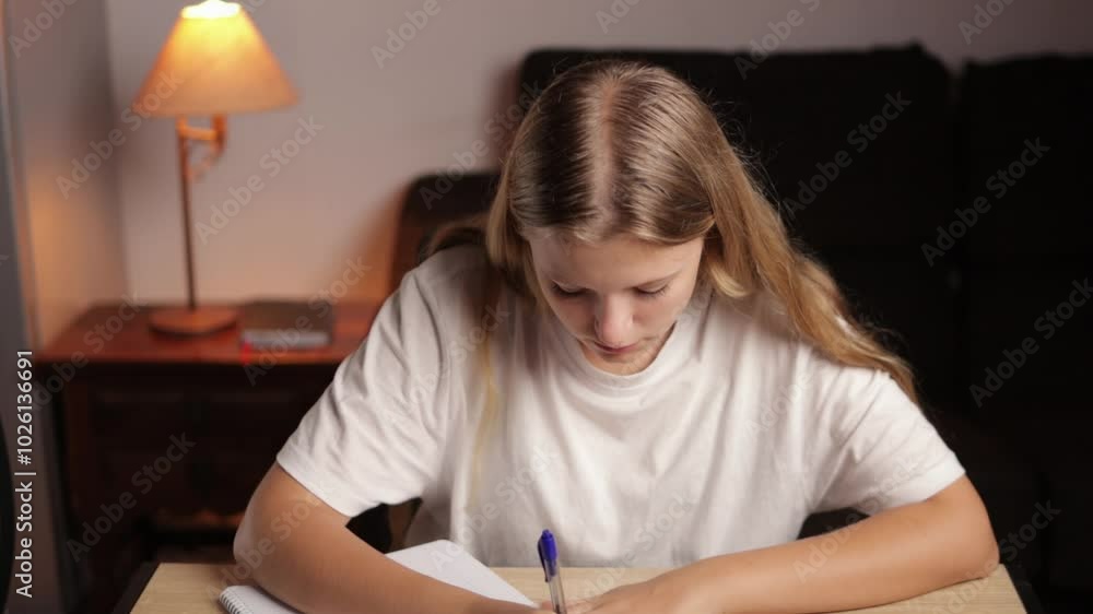 Young Student Study at Night Take Notes From Book. Desk Lamp Brightens ...