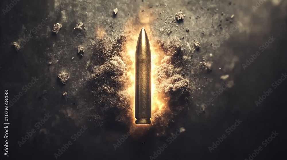 A bullet cutting through the air, with fire burning behind it, in a ...