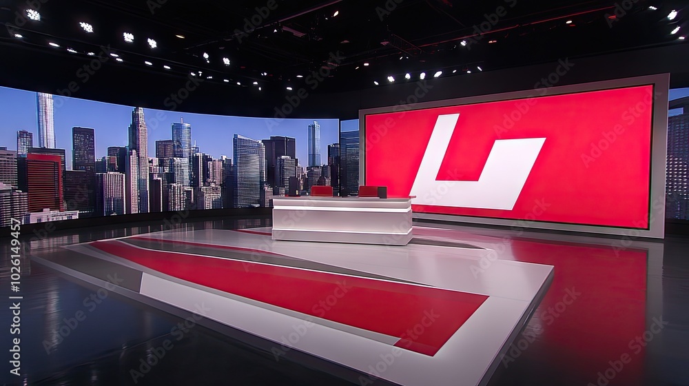 A clean and modern news set studio with a central anchor desk, vibrant ...