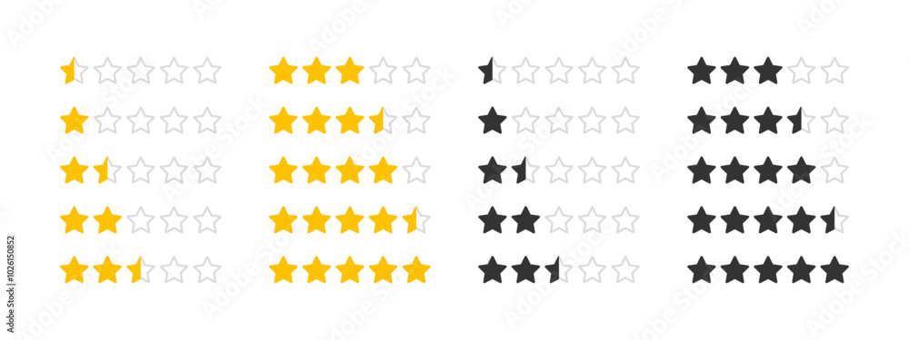 5 stars rating review interface template icon set. Half star ranking ...
