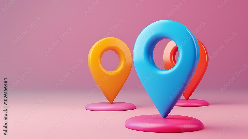 Three colorful location pins on a pink background, representing ...