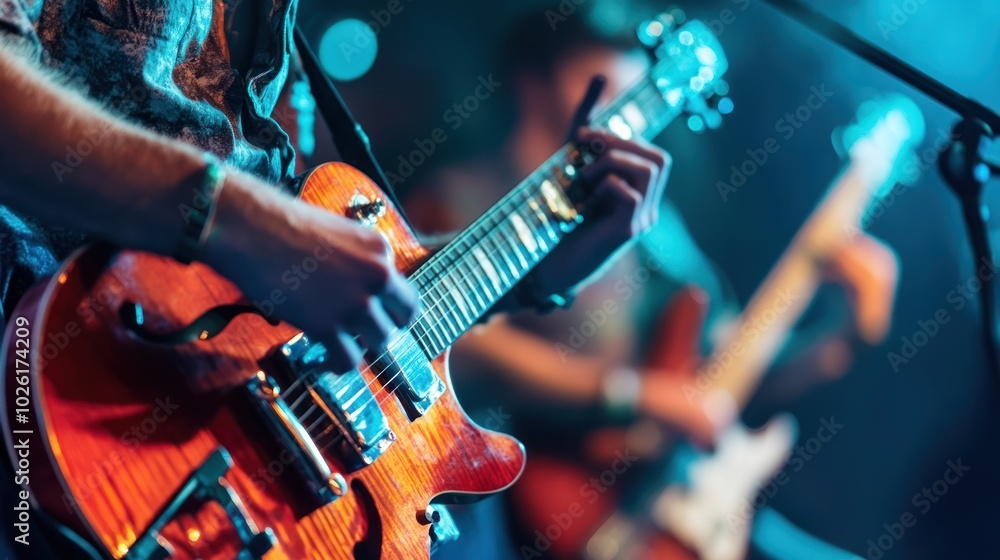Musicians playing on stage during a high-energy concert, with the crowd ...