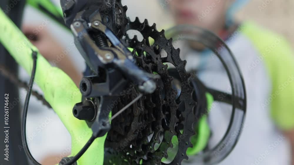 Close-up Shot Capturing Cyclist Fine Tuning Gears on Vibrant Green ...