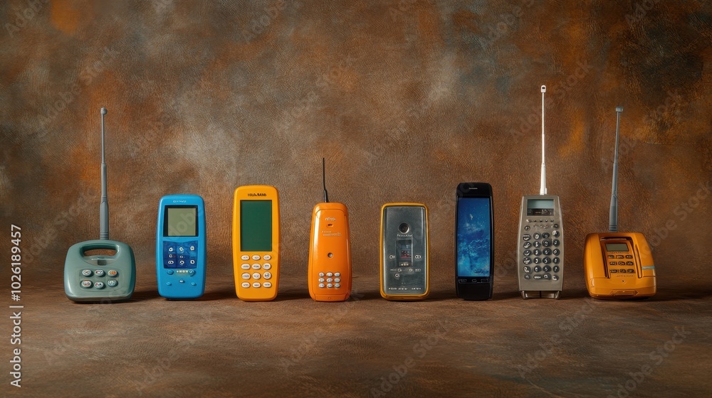 Evolution of mobile phones from the 80s to modern smartphones on a ...