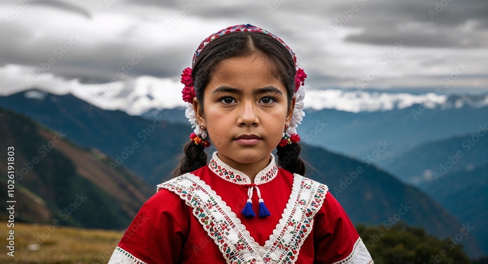 Peruvian girl in traditional pollera dress neutral expression portrait ...