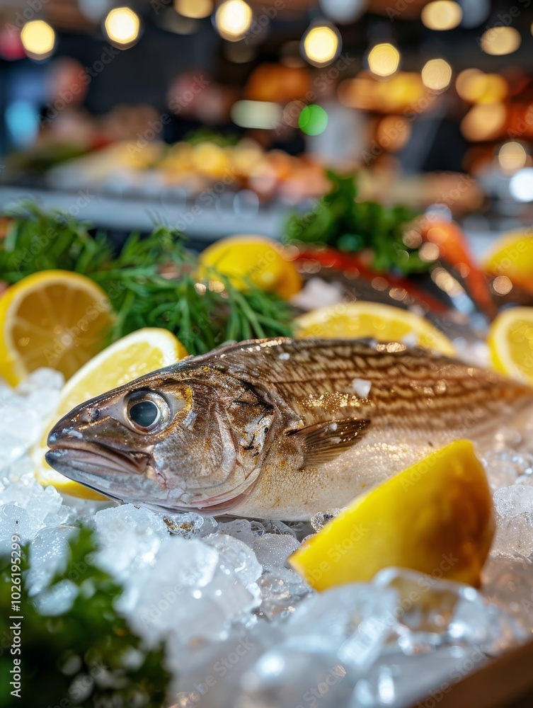 Fresh fish on ice with lemon slices in a seafood market setting. Stock ...