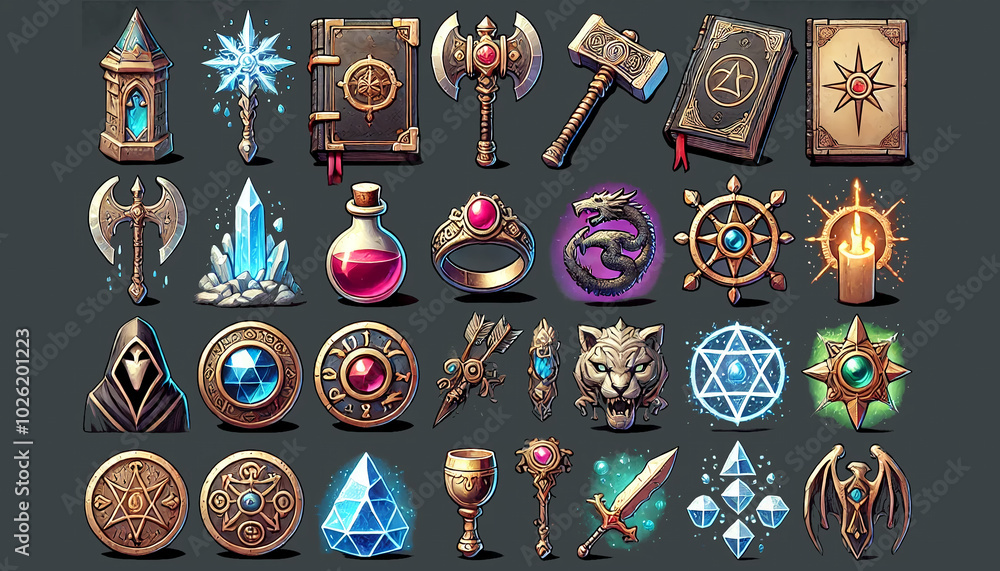 Fantasy Collection of Magical Items with Potions Rings and Enchanted ...