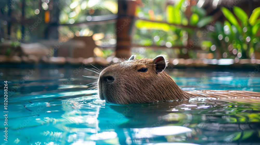 Capybara relaxing in the pool capybara head in the water of the blue ...