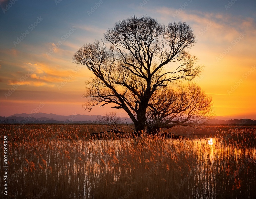 vertical swamp evening landscape a large coastal bare tree grows lying ...