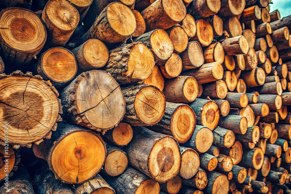 Wood logs stacked neatly in rustic setting, showcasing their natural ...