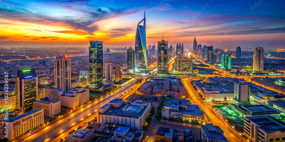 stunning cityscape of Riyadh at dusk, showcasing iconic KAFD structures ...