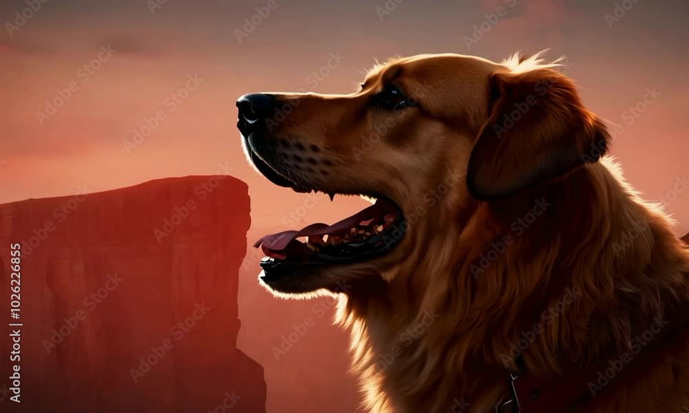 A golden retriever howling on the edge of a cliffside. Cinematically ...