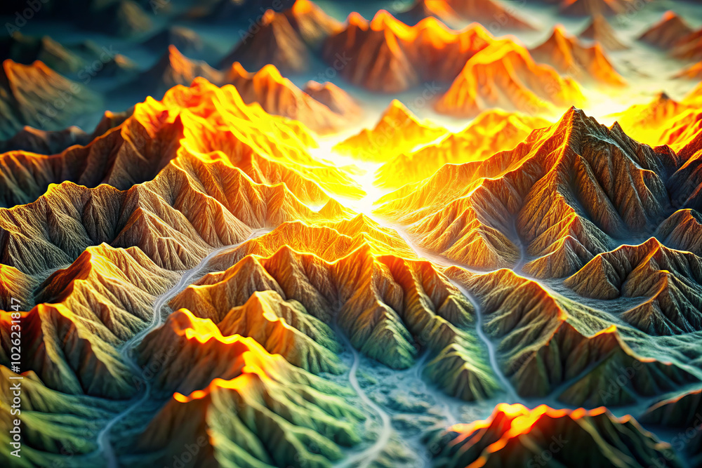 Illuminated 3D topographic height map showcasing vibrant mountain ...