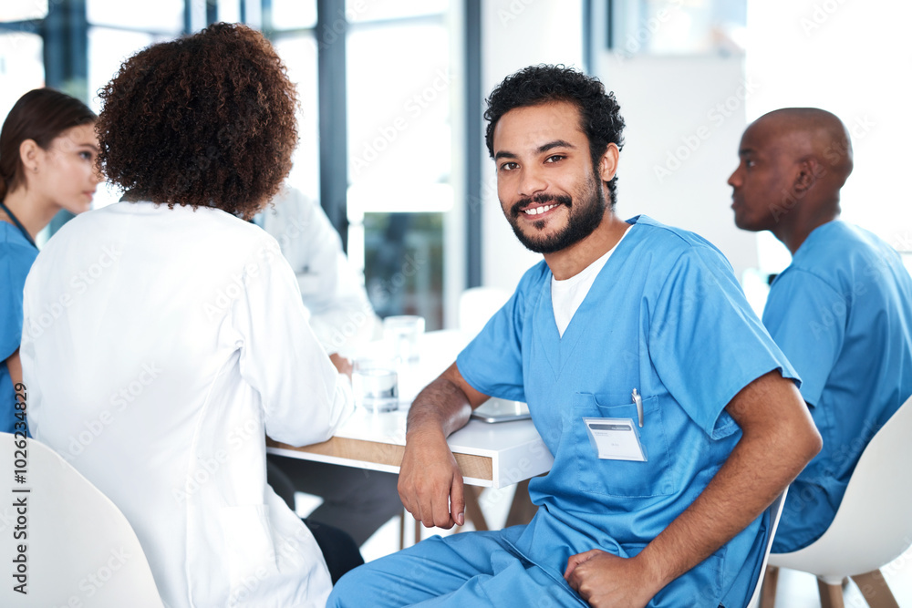 Portrait, group and smile of physician, healthcare and colleagues in ...