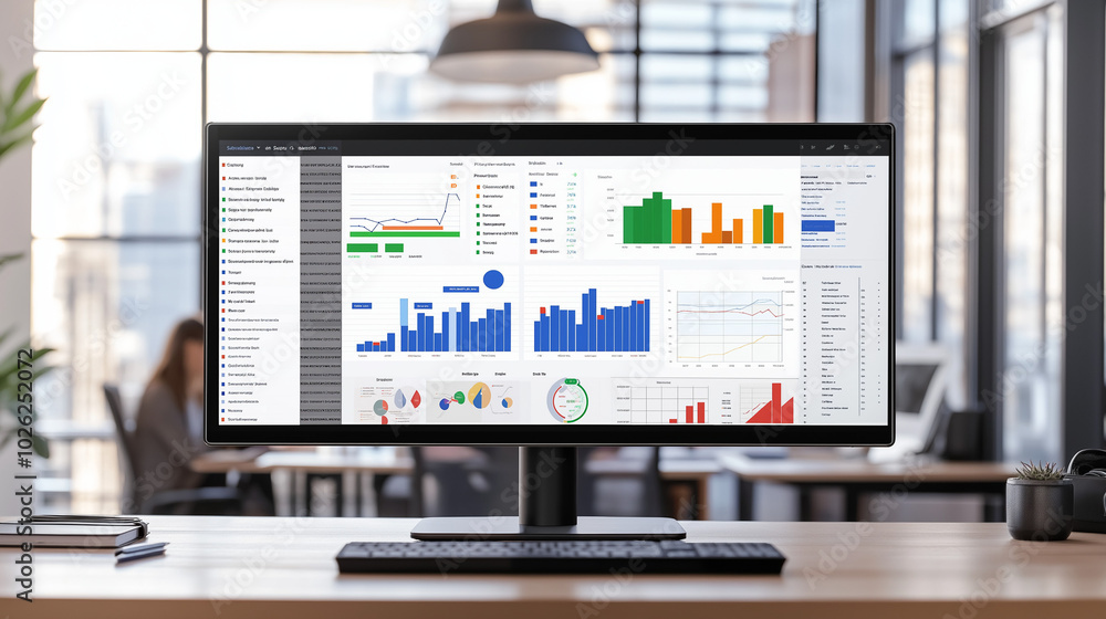Sleek business analytics dashboard on large monitor showing real-time ...