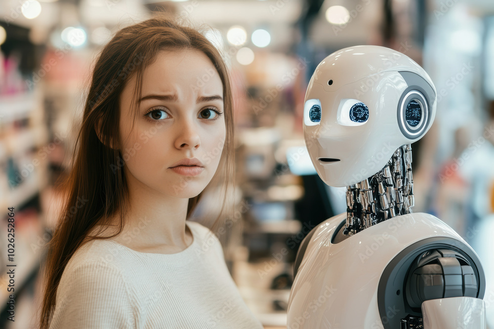 Young Woman and Humanoid Robot in a Modern Retail Setting, Young woman ...
