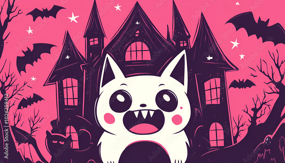 Cute Monster with Haunted House and Bats - Fun Halloween Illustration ...
