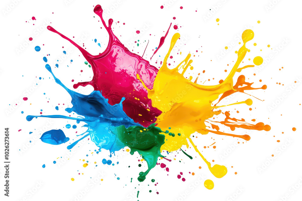 Vibrant paint splashes in blue, red, yellow, and green create an ...