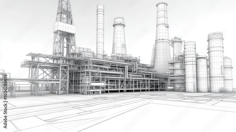 An intricate 3D wireframe model of an offshore oil rig, showing the ...