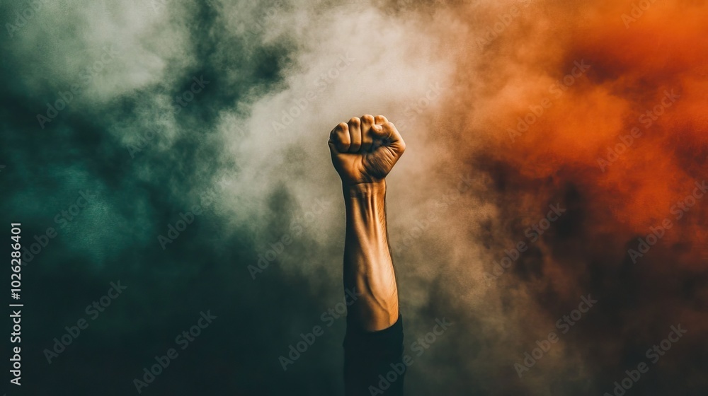 Colorful smoke billows around a raised fist, symbolizing strength and ...