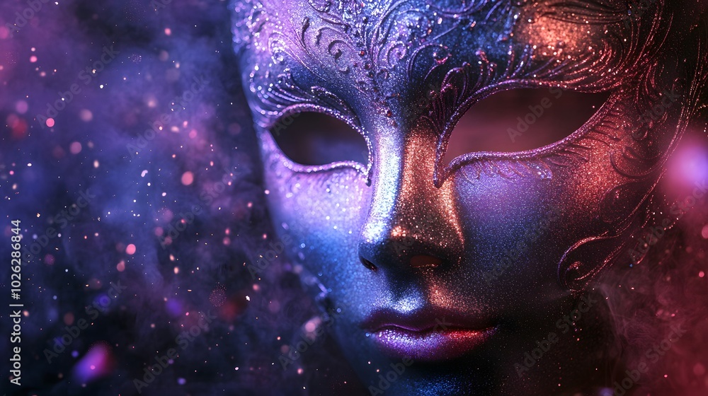 Glimmering dust floats around the mask catching light and reflecting ...
