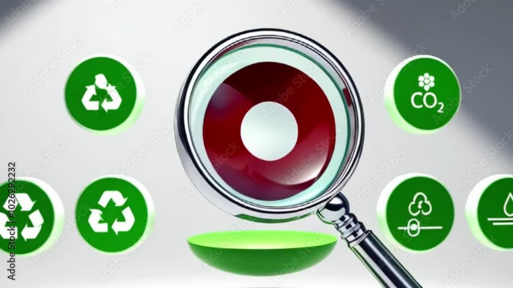 A magnifying glass focuses on a red target symbol, surrounded by green ...