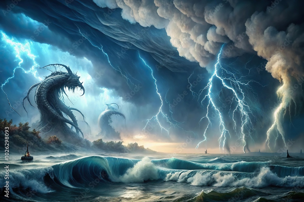 Monstrous sea creatures emerging from tumultuous storms of thunder and ...