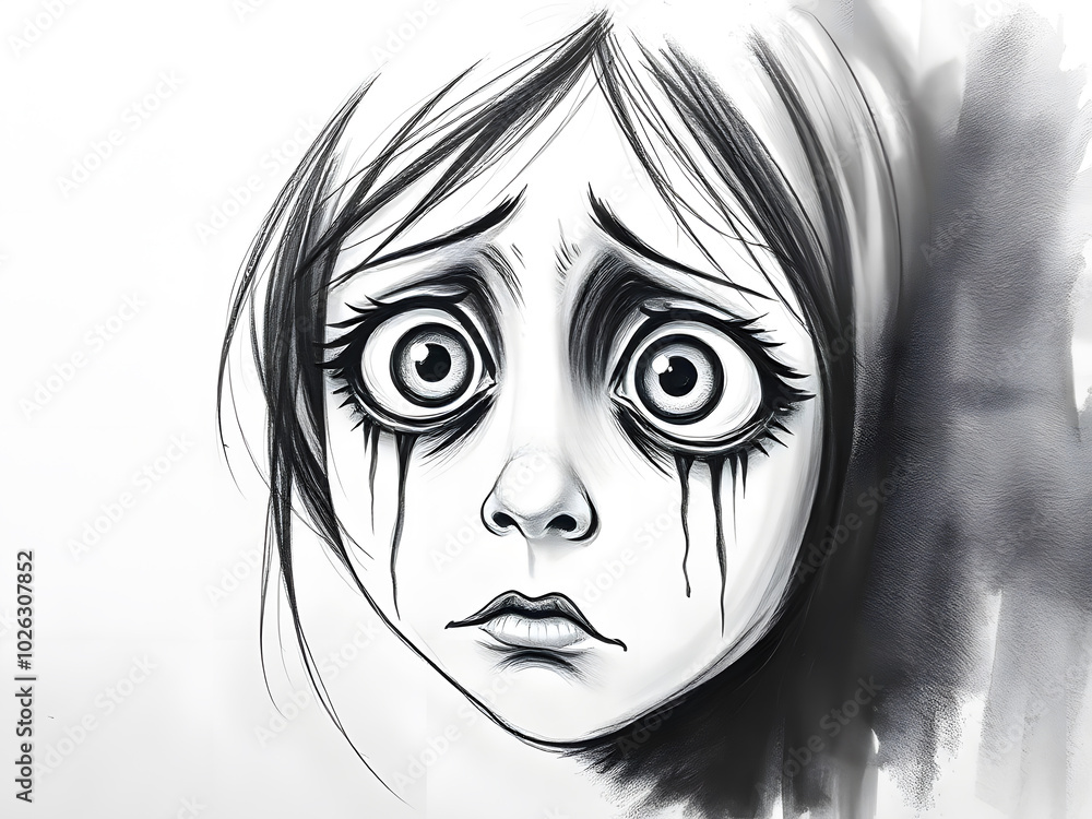A young girl with large, expressive eyes gazes sorrowfully, her face ...