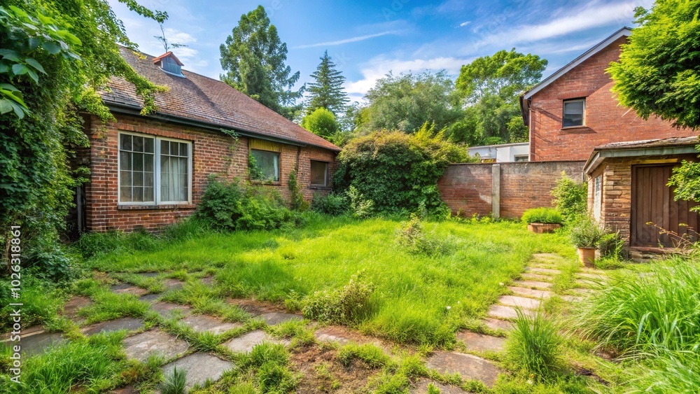 Neglected backyard garden with overgrown grass lawn of a suburban brick ...