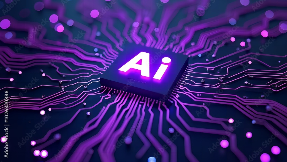 Neon glowing AI chip with thin circuit lines on tech background ...