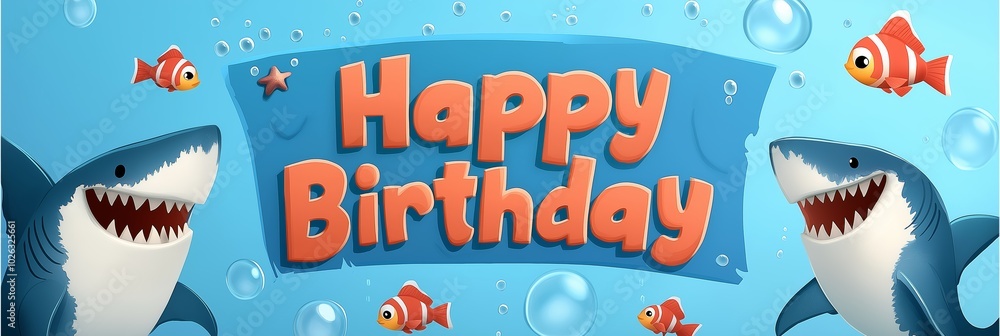 Colorful underwater birthday banner with friendly sharks and fish ...
