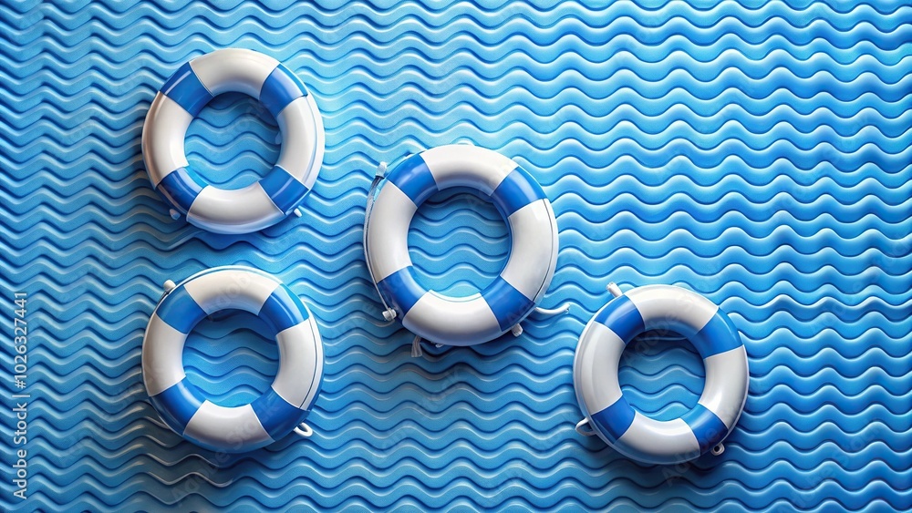 Playful blue and white lifebuoys on a blue background with wavy ...