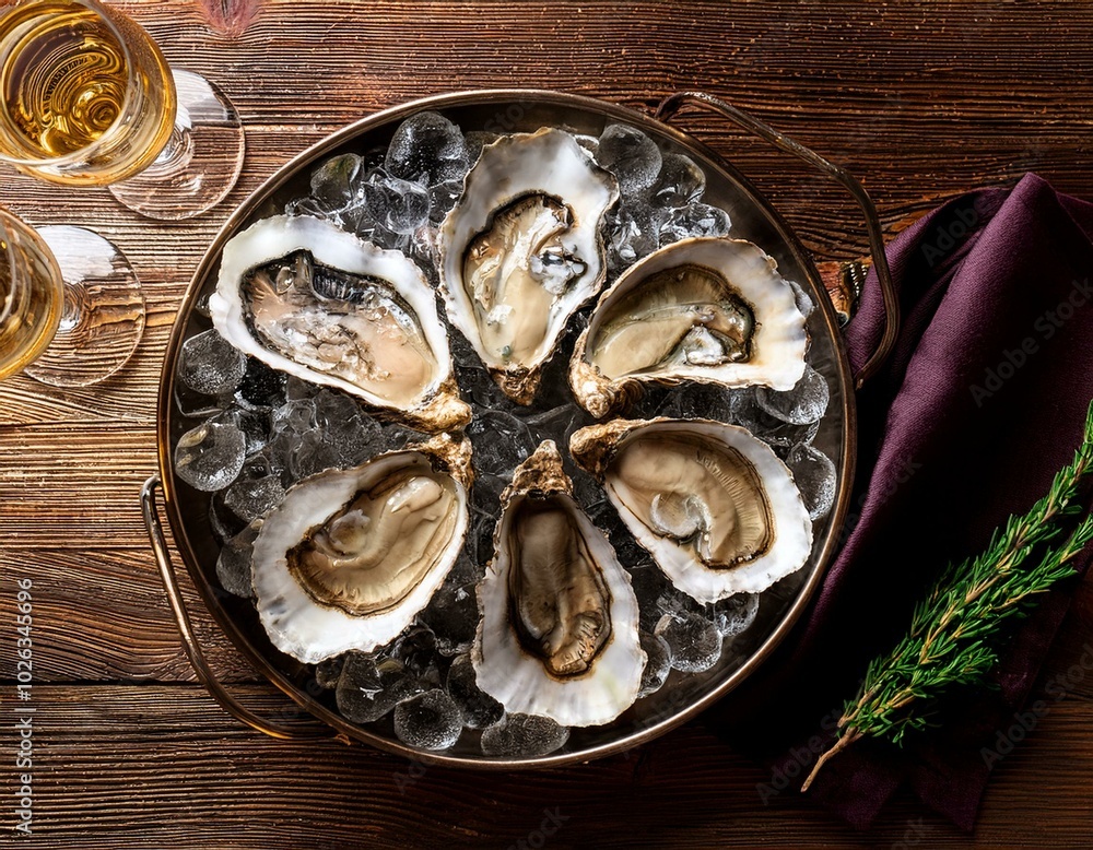 fresh oysters with champagne close up top view over wood background ...