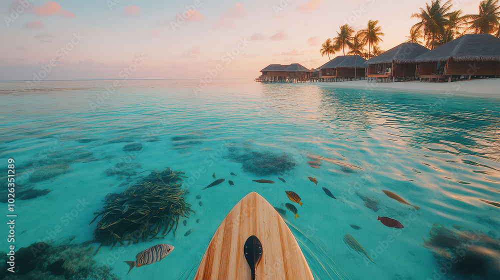 Serene Paddleboarding at Sunrise: Crystal-Clear Maldives Lagoon ...