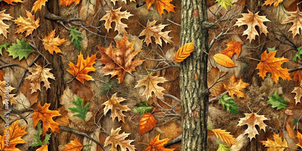 Nature inspired camouflage pattern with realistic tree motifs and ...