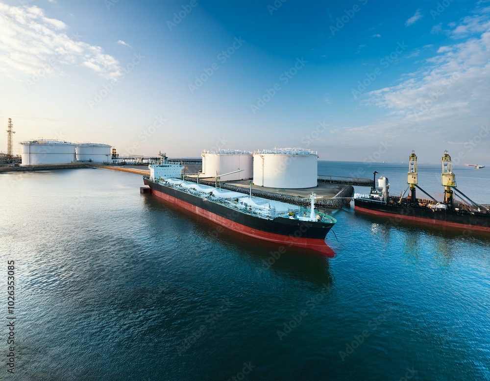 two large cargo ships docked beside industrial oil storage tanks under ...
