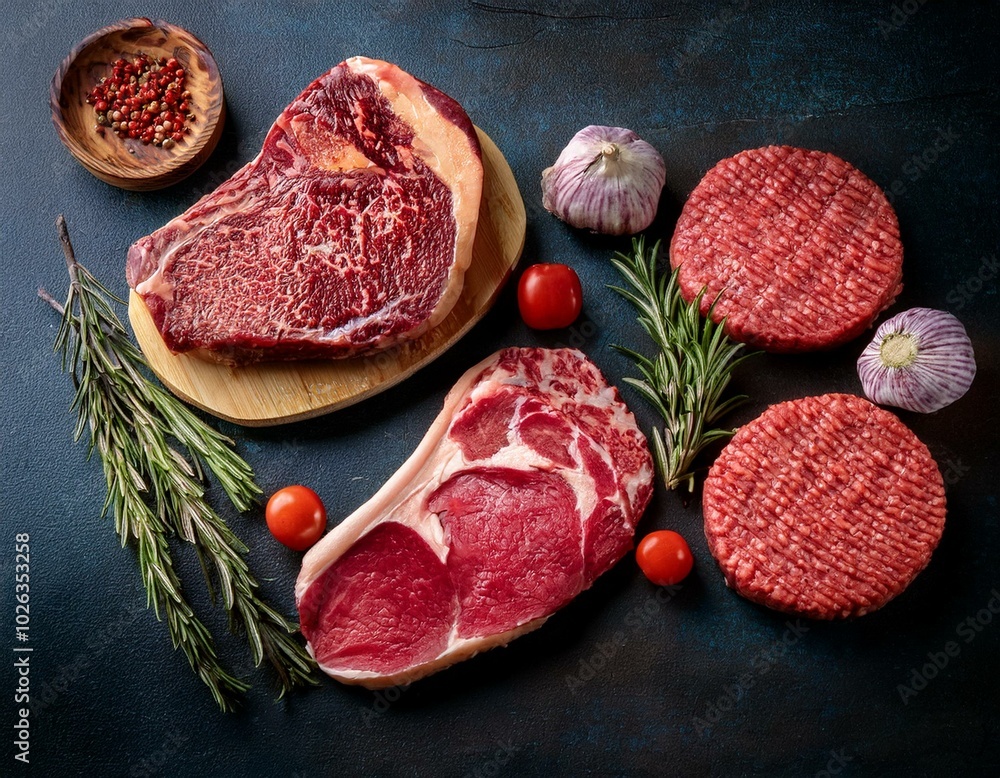 variety of raw cuts of meat dry aged beef steaks and hamburger patties ...