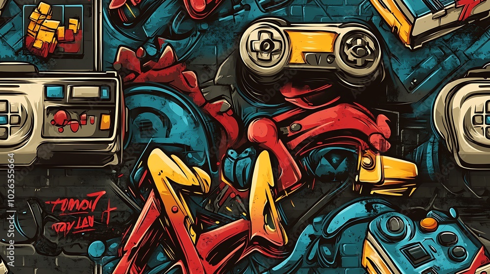 Seamless graffiti pattern featuring game controllers, arcade machines ...