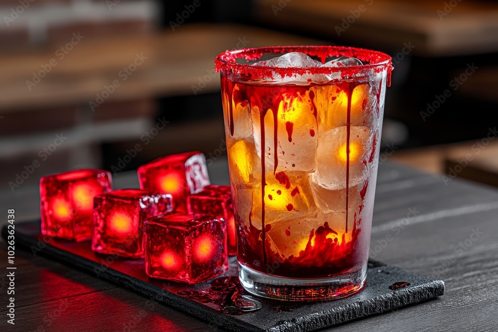 Hyper-realistic bloody drink with dripping fake blood on the glass ...