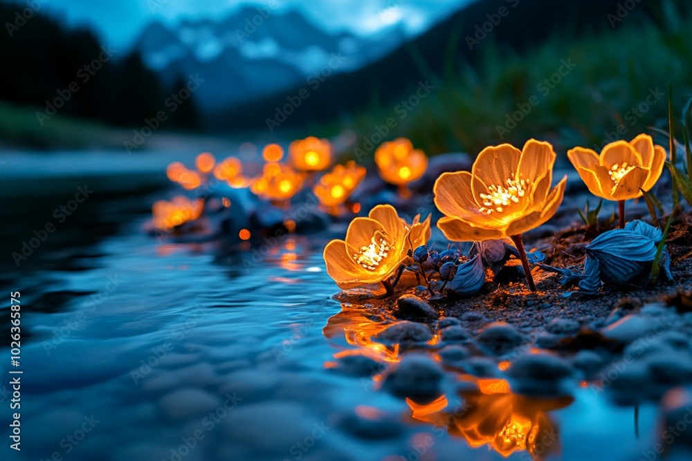 Pasque flowers growing in an enchanted riverbank, with the water ...