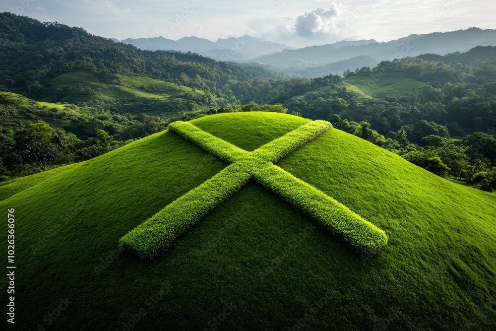 Person in a yoga pose forming an X shape on a grassy hill, with their ...