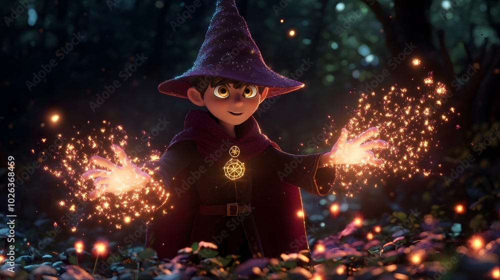 159. A 3D model of a cartoon wizard casting a spell with glowing hands ...