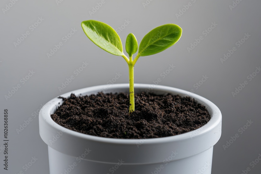 Single seedling in a clean pot of soil, with only the young green ...