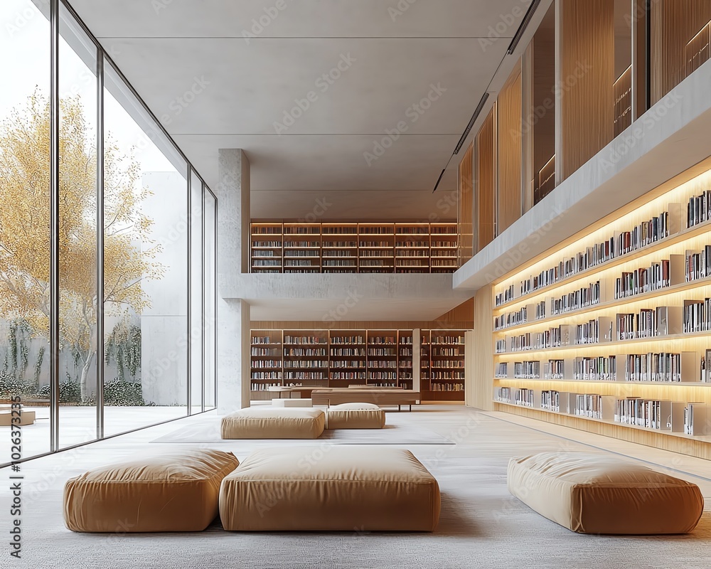 Minimalist public library with neutral color tones, blank wall space ...