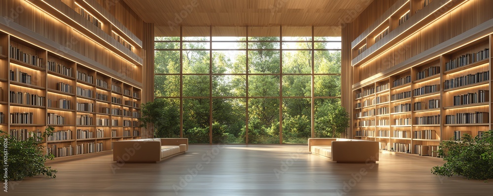 Contemporary public library interior with an open gallery area, empty ...