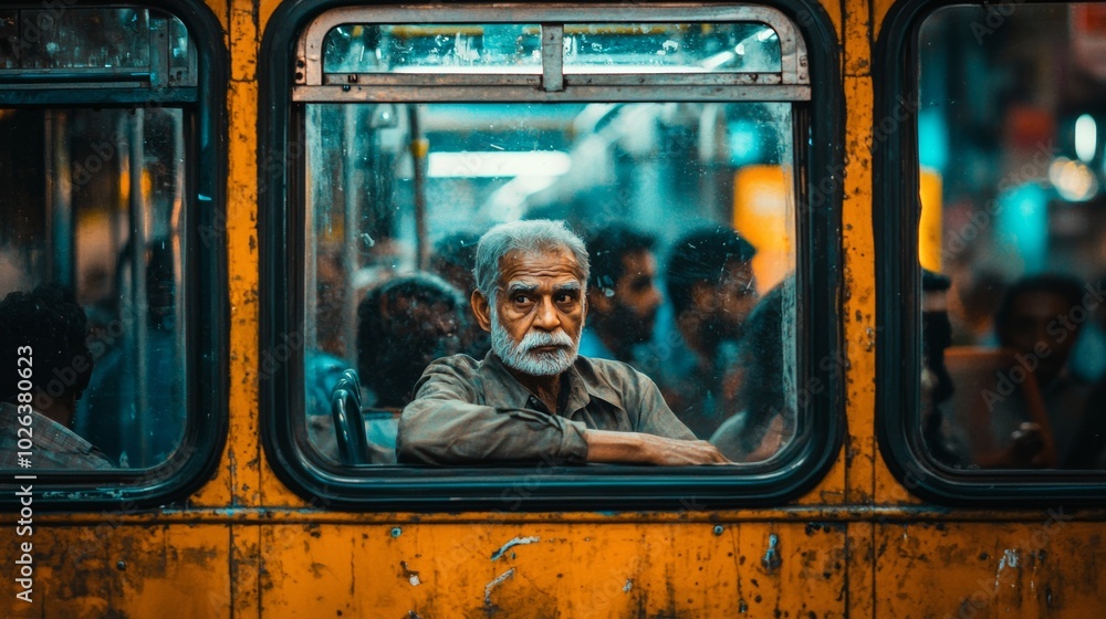 Man sits in a yellow bus with a crowd of people around him. The man is ...