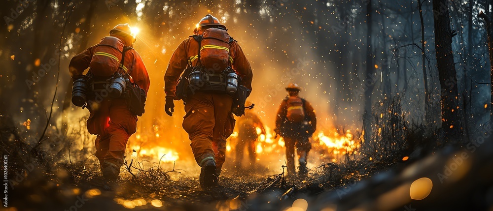 Group of firefighters navigating the aftermath of a forest fire ...