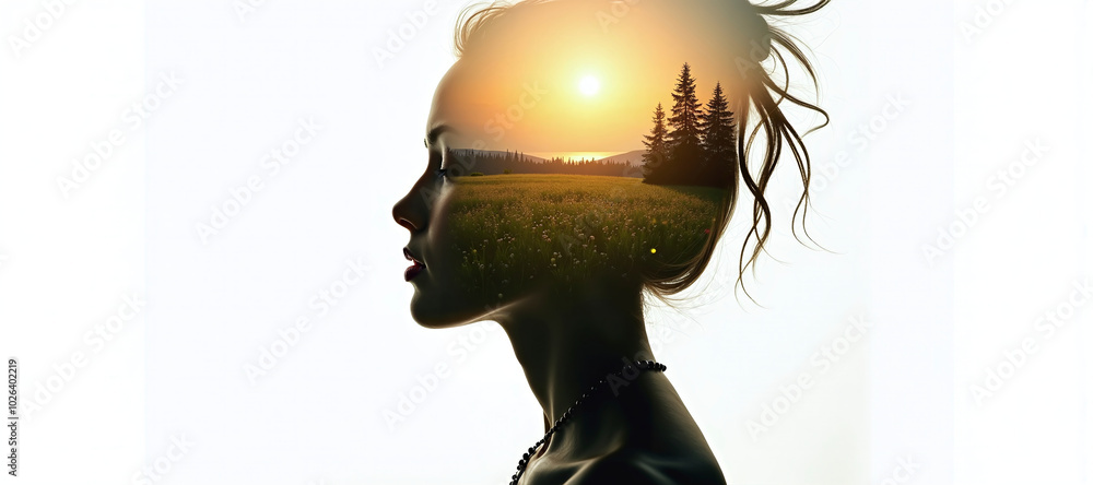 The silhouette of a female head depicting a calm and relaxed landscape ...