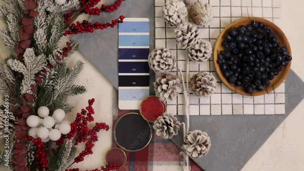 Christmas mood board color palette in red and blue tones for interior ...