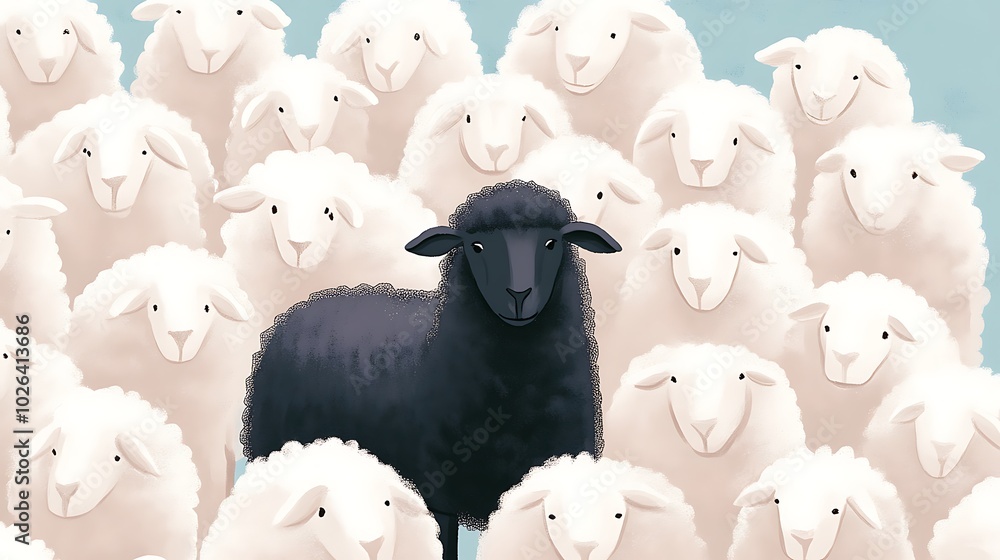 An illustration of a single black sheep standing apart from a flock of ...
